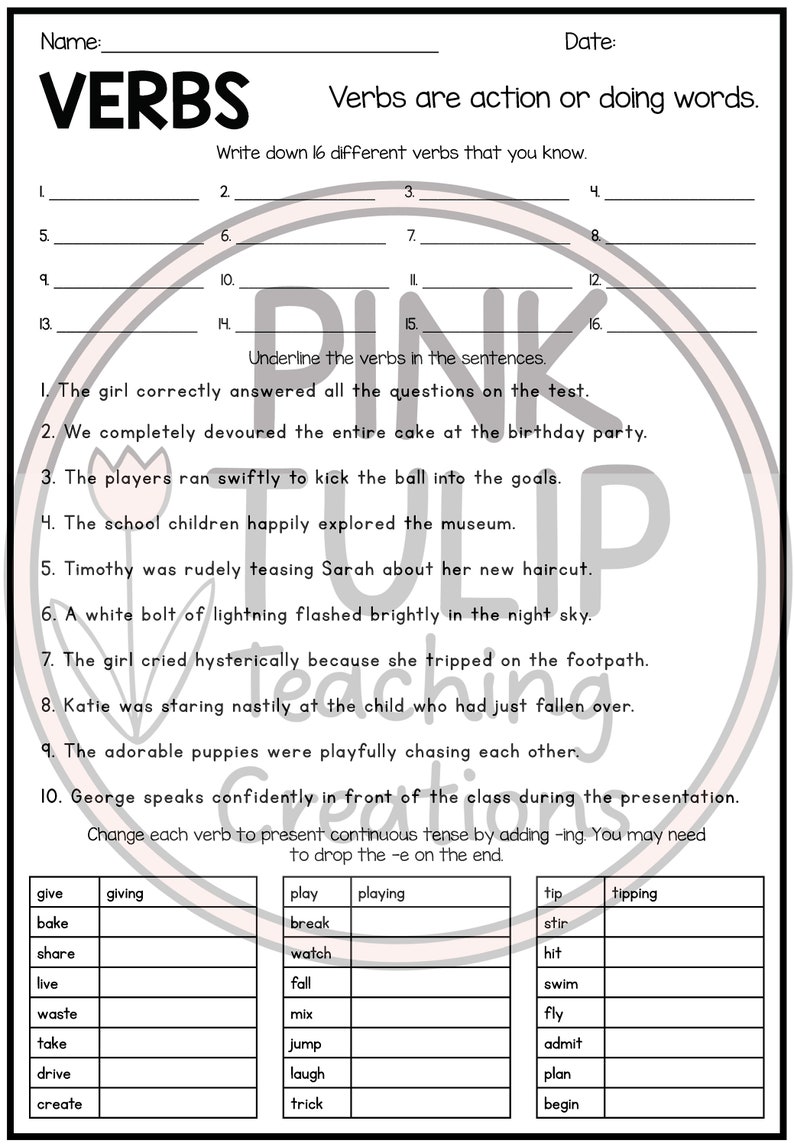 Understanding Verbs Worksheets - No Prep Printables - Etsy