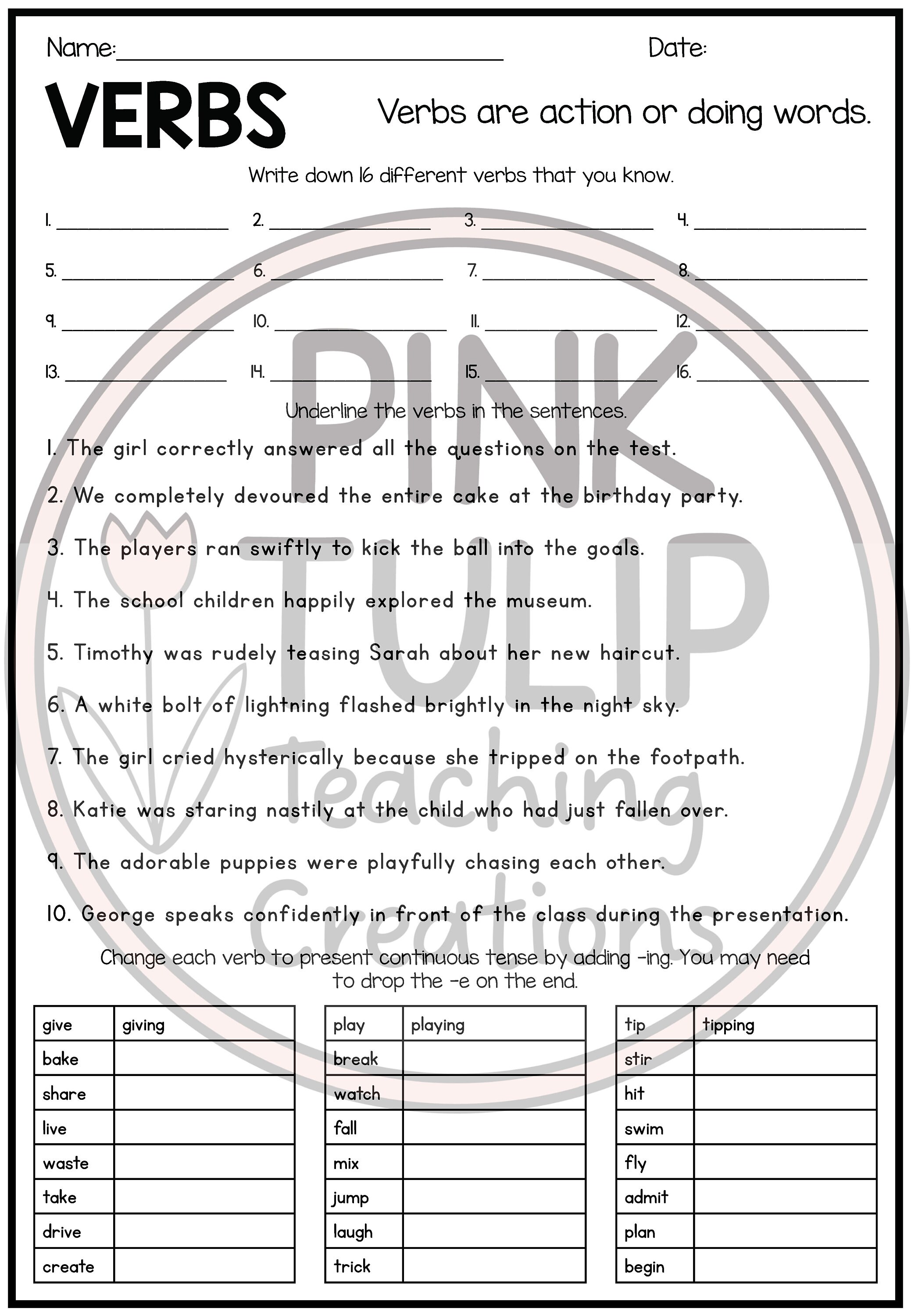 Understanding Verbs Worksheets - No Prep Printables - Etsy