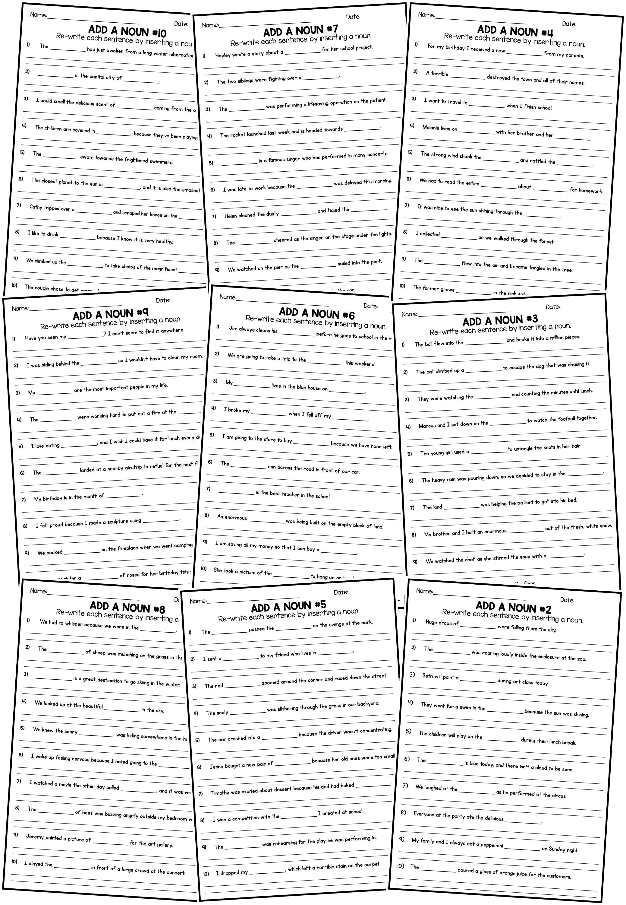 Add A Noun to the Sentences - Fill in the Blanks Worksheet Pack - Etsy