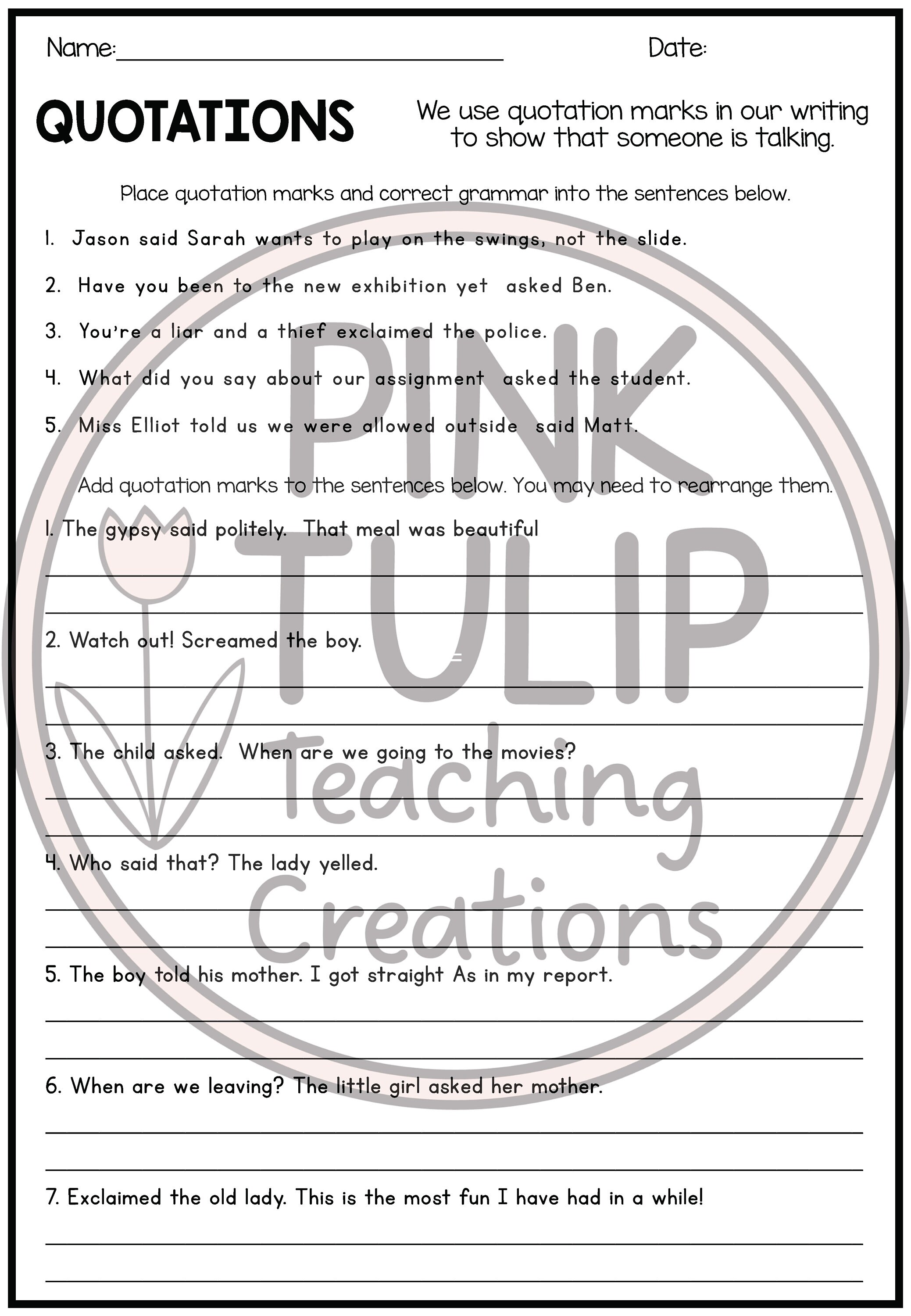 Using Quotations Worksheets - No Prep Printables - Etsy