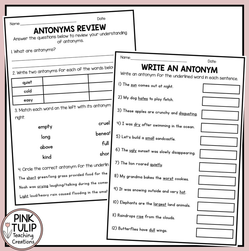 Antonyms Worksheet Pack No Prep Printables With Answers - Etsy