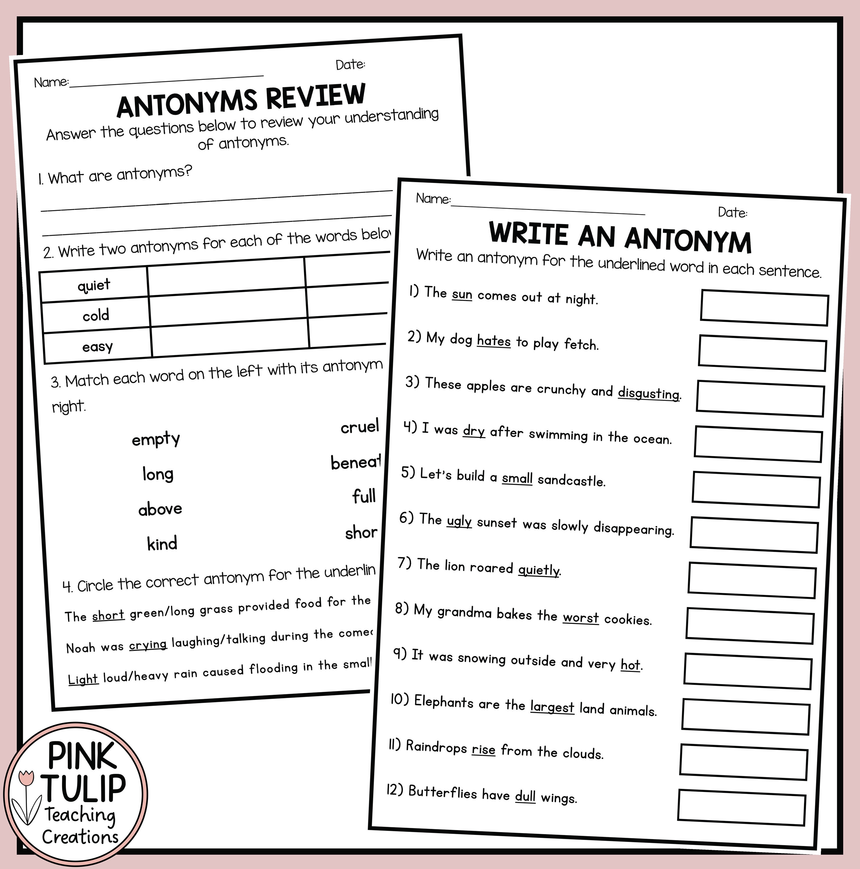 Antonyms Worksheet Pack No Prep Printables With Answers - Etsy