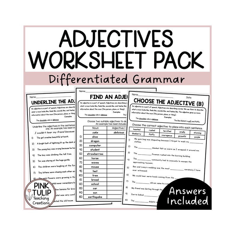 Adjectives Worksheet Pack With Answers - Etsy