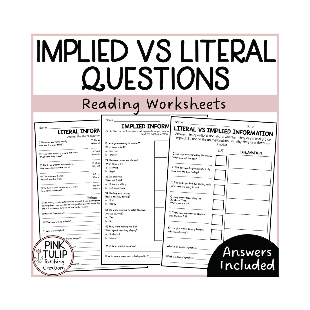 Implied Vs Literal Questions - Worksheets With Answers - Etsy Implied Vs Literal Questions - Worksheets With Answers - Etsy