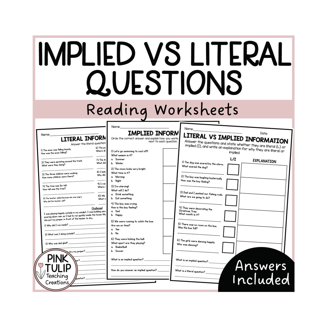 Implied Vs Literal Questions - Worksheets With Answers - Etsy
