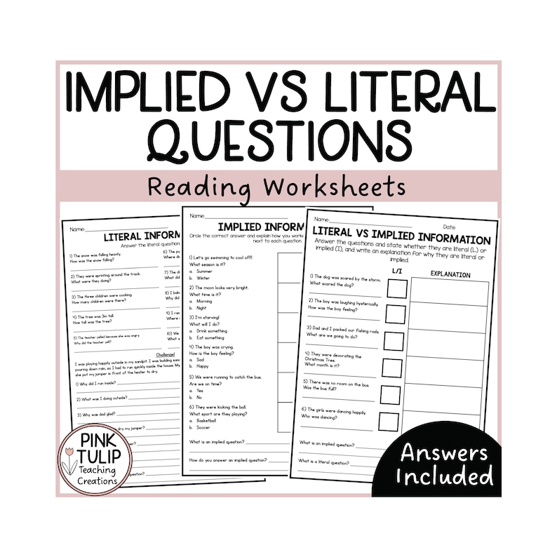 Implied Vs Literal Questions - Worksheets With Answers - Etsy