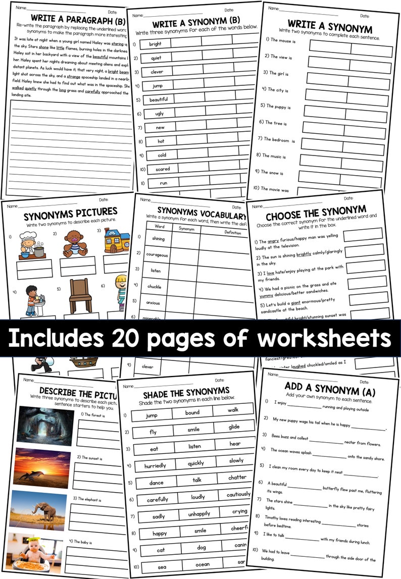 Synonyms Worksheet Pack - No Prep Printables With Answers - Etsy