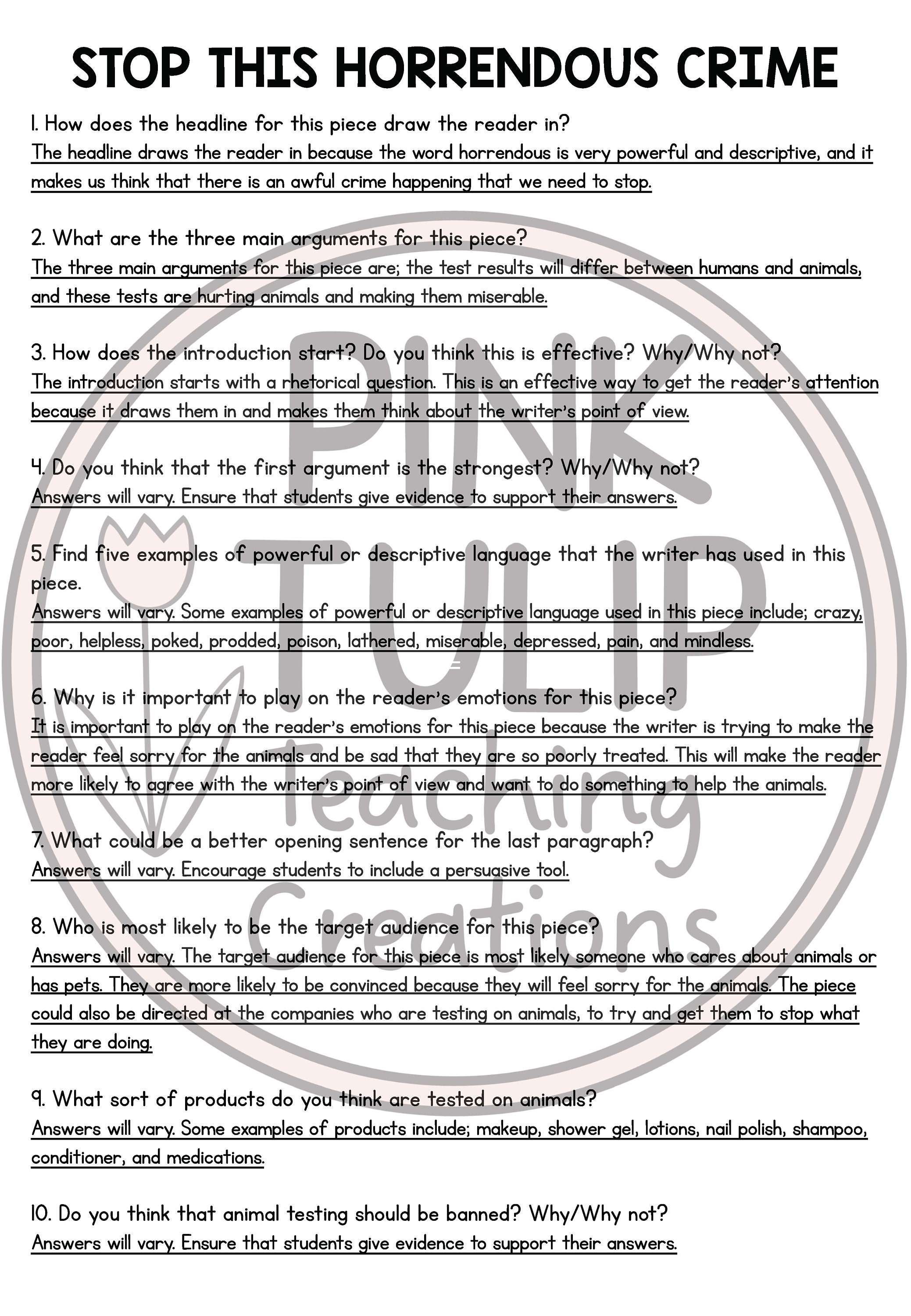 Persuasive Writing Comprehension Stop This Horrendous Crime - Etsy