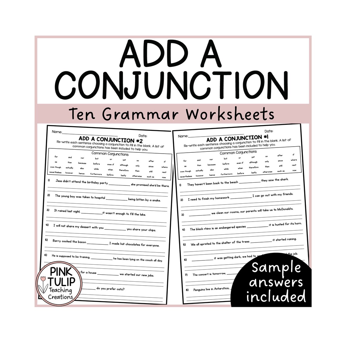 Add A Conjunction to the Sentences - Fill in the Blanks Worksheet Pack ...