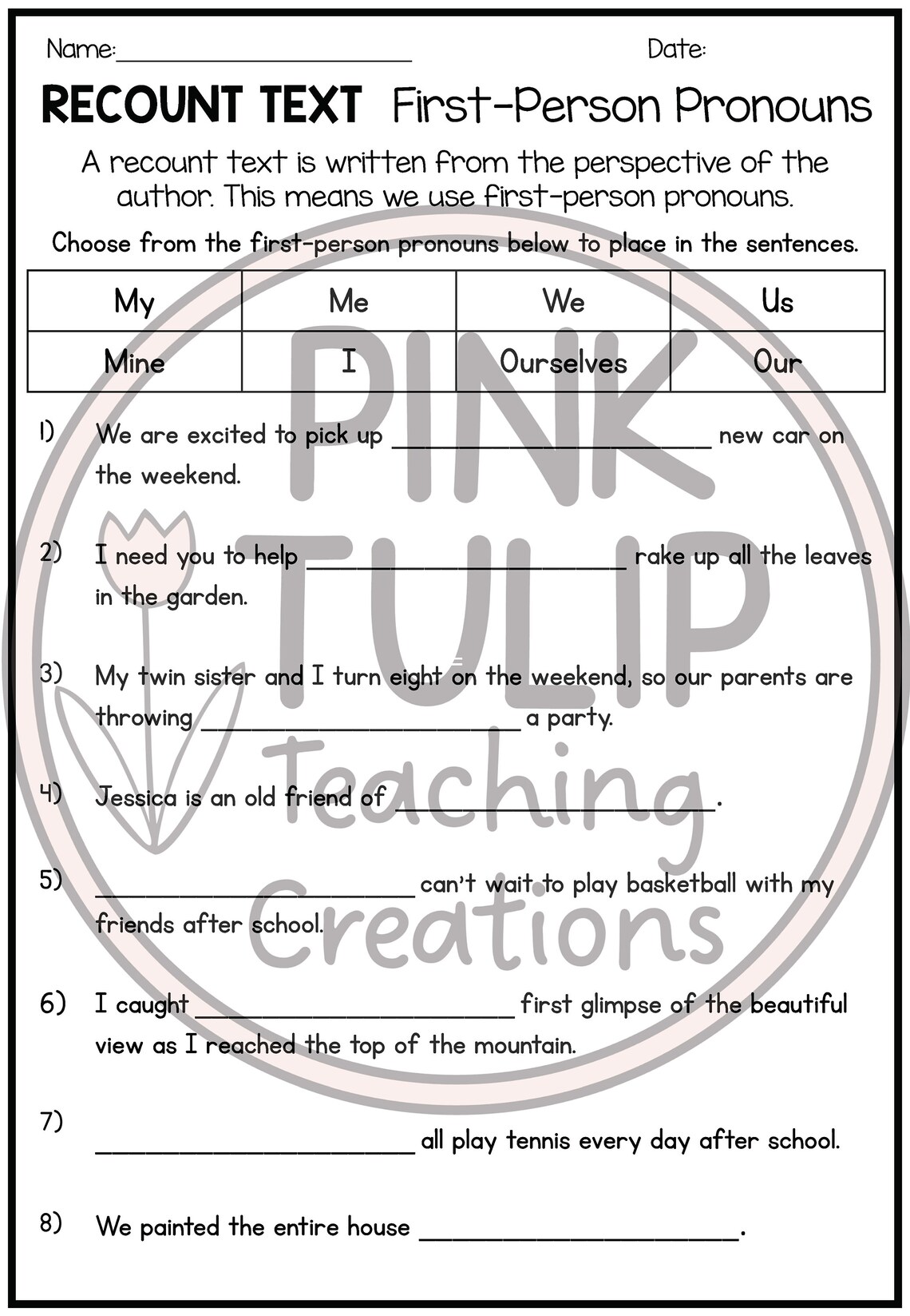 Recount Writing, First-person Pronouns Worksheets - Etsy