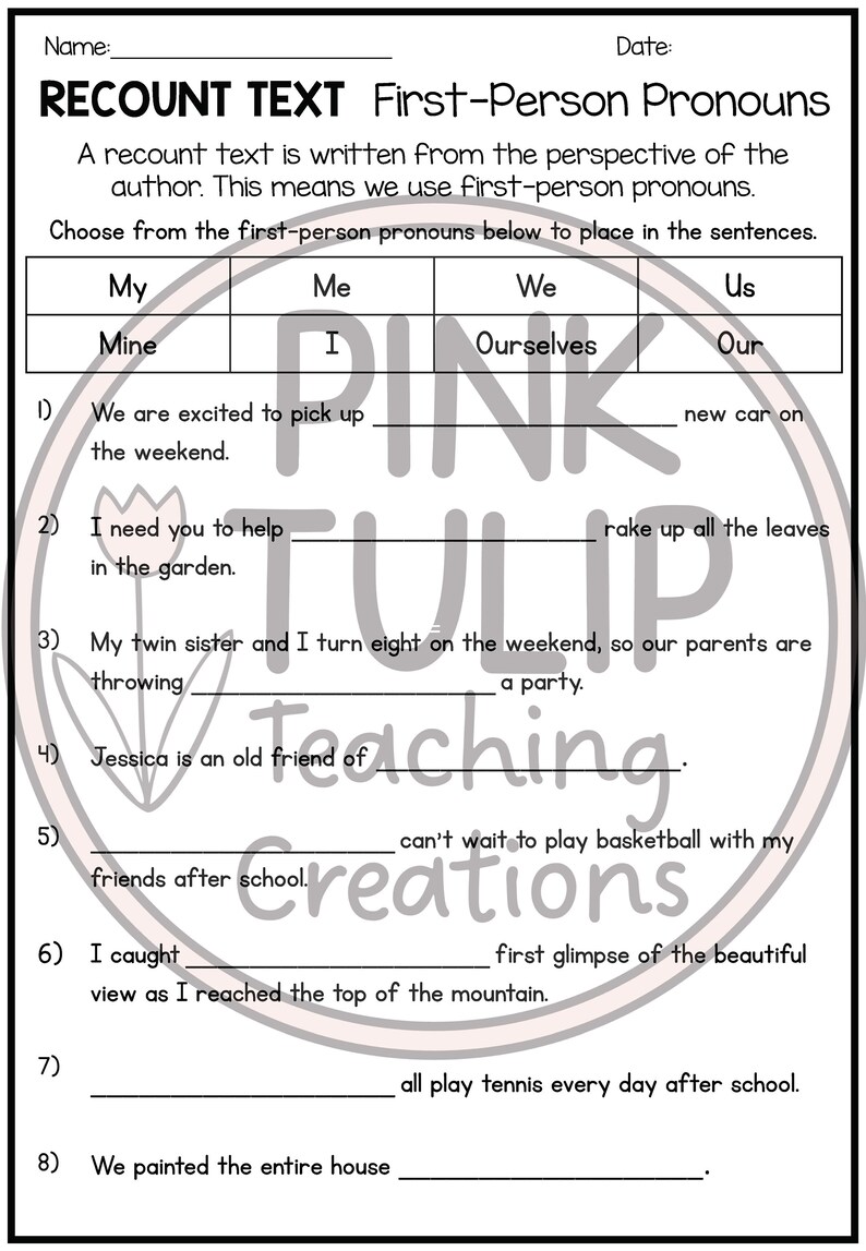Recount Writing, First-person Pronouns Worksheets - Etsy