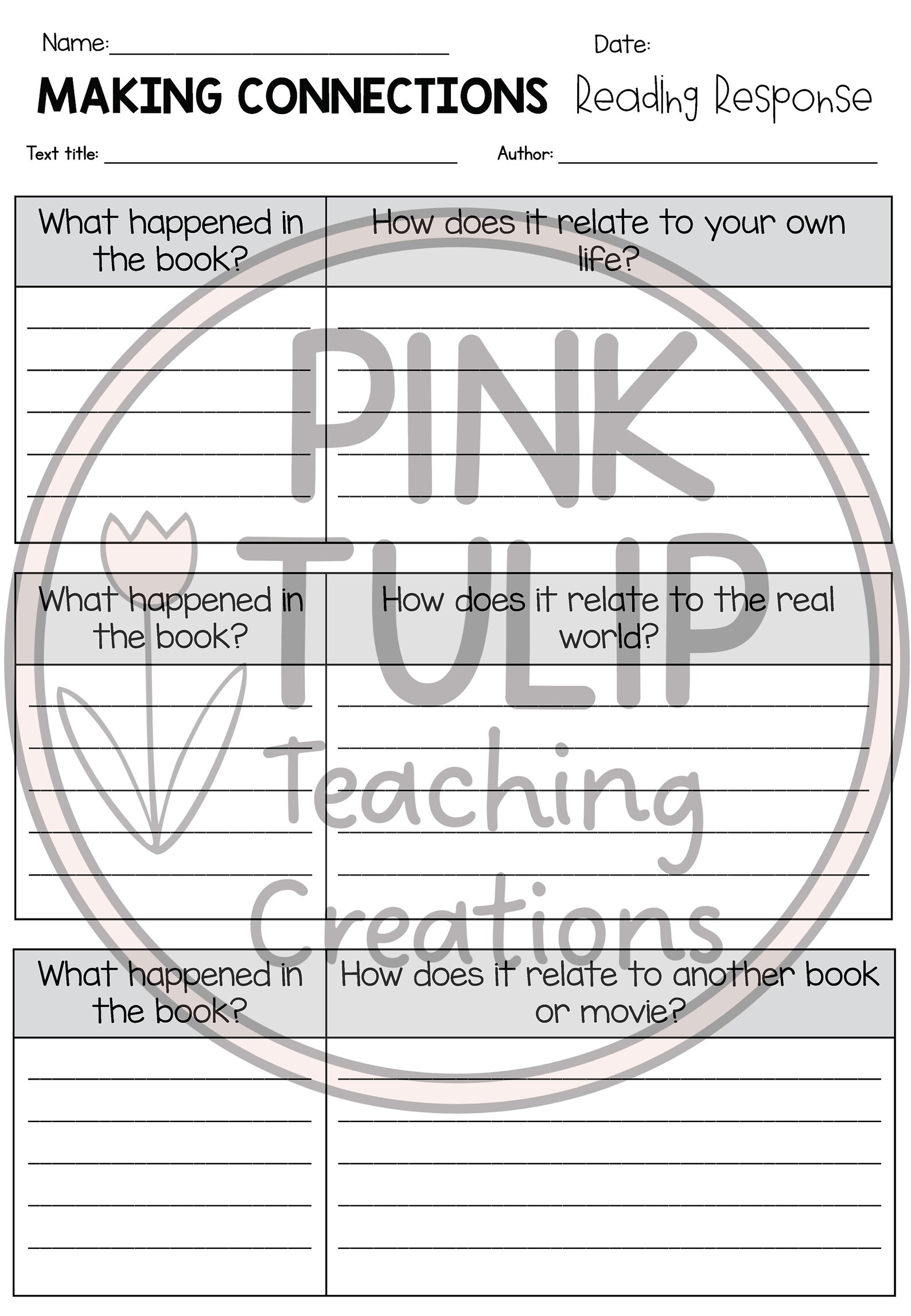Making Connections (connecting) Reading Response Pack - Templates for ...