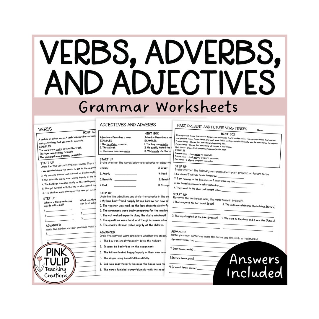 Verbs, Adjectives, Adverbs and Tense - Grammar Worksheets With Answers ...
