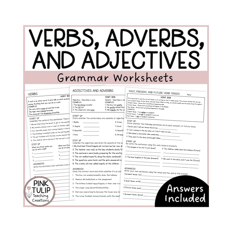 Verbs, Adjectives, Adverbs and Tense - Grammar Worksheets With Answers ...