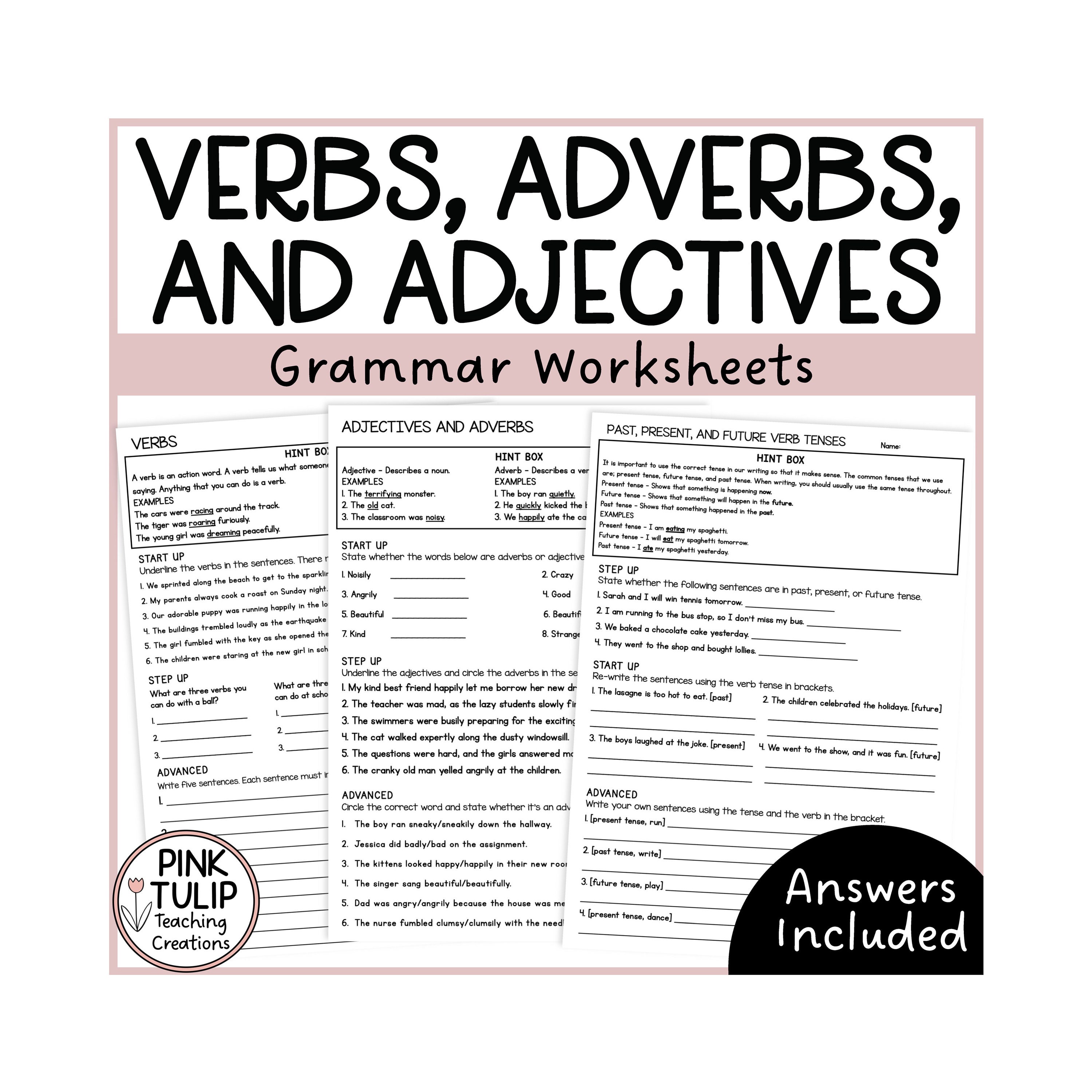 Verbs, Adjectives, Adverbs and Tense - Grammar Worksheets With Answers ...