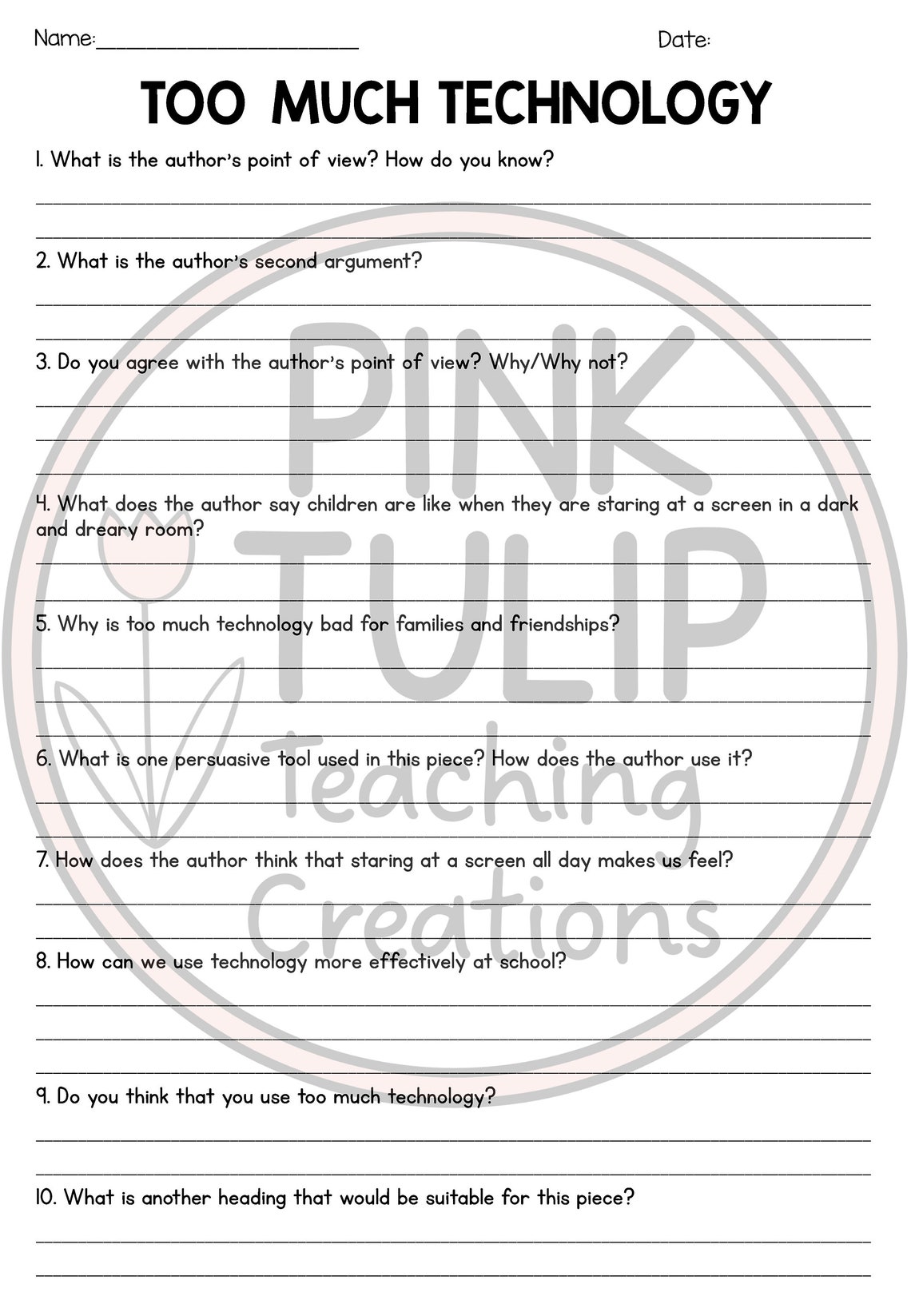 Persuasive Writing Comprehension Too Much Technology - Etsy