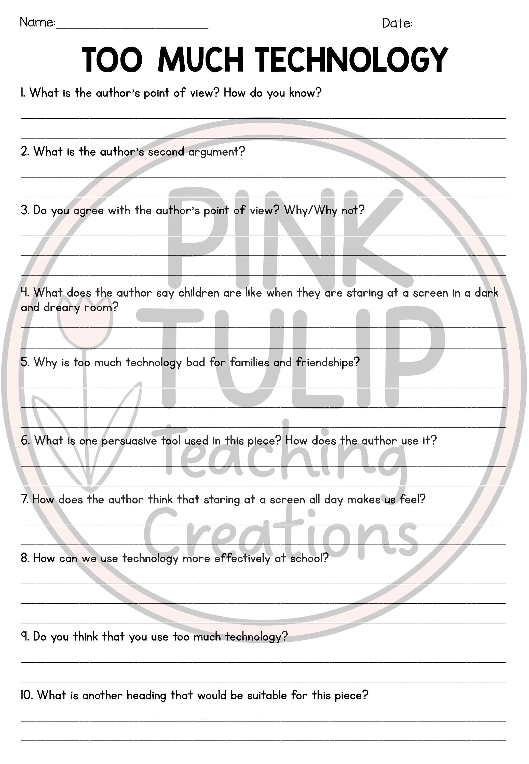 Persuasive Writing Comprehension - Too Much Technology - Etsy