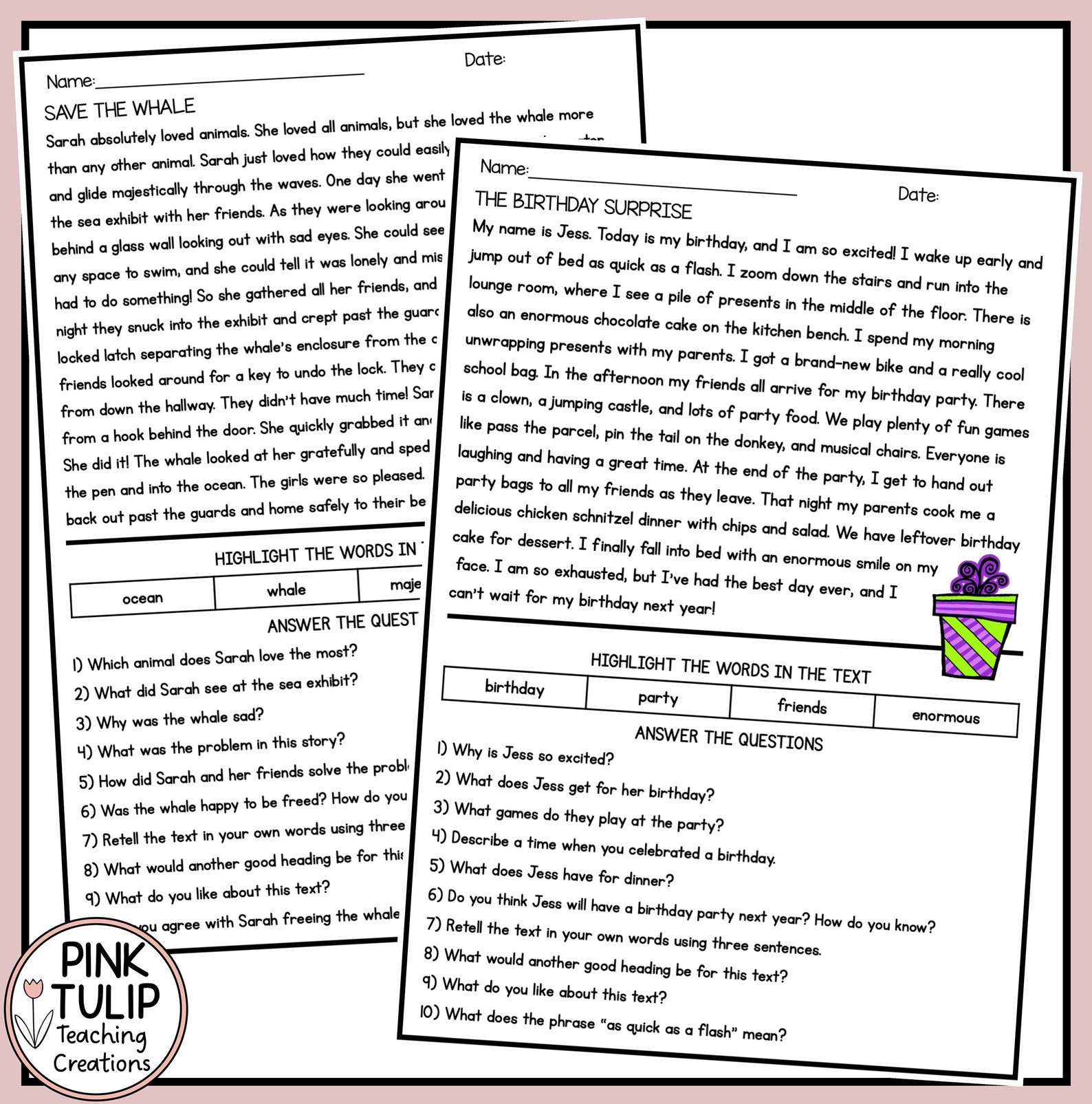 Ten Page Reading Comprehension Worksheet Pack - Etsy