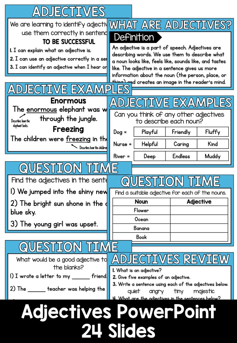 Adjectives Bundle - Worksheet Pack and Guided Teaching Powerpoint - Etsy