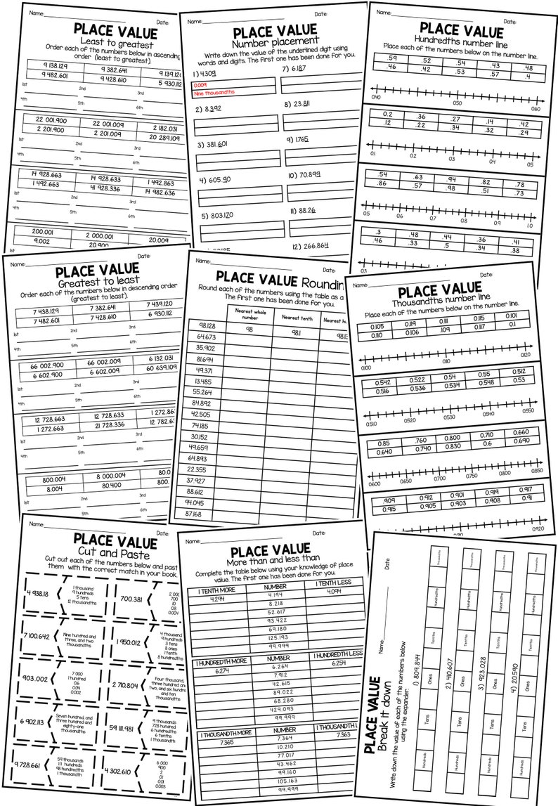 Decimal Place Value Into the Thousandths - Worksheet Pack - Etsy