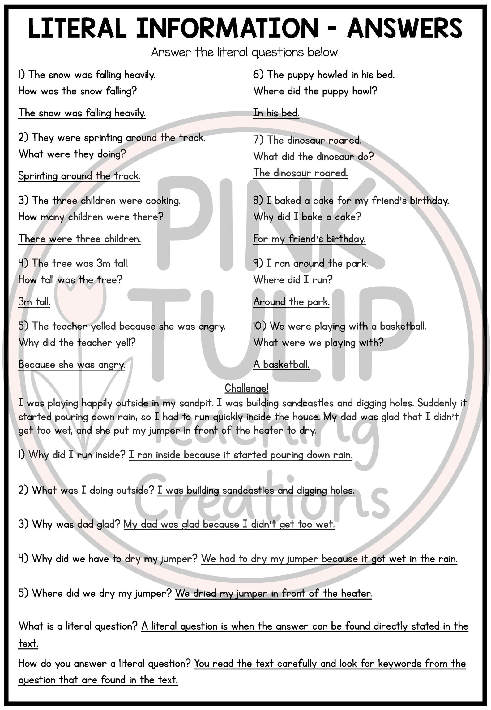 Implied Vs Literal Questions - Worksheets With Answers - Etsy