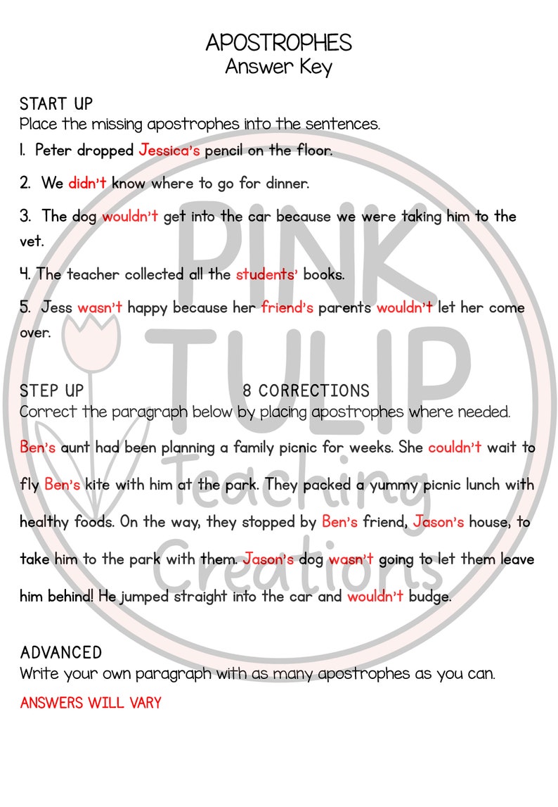 Apostrophes and Speech Marks - Grammar Worksheets With Answers - Etsy