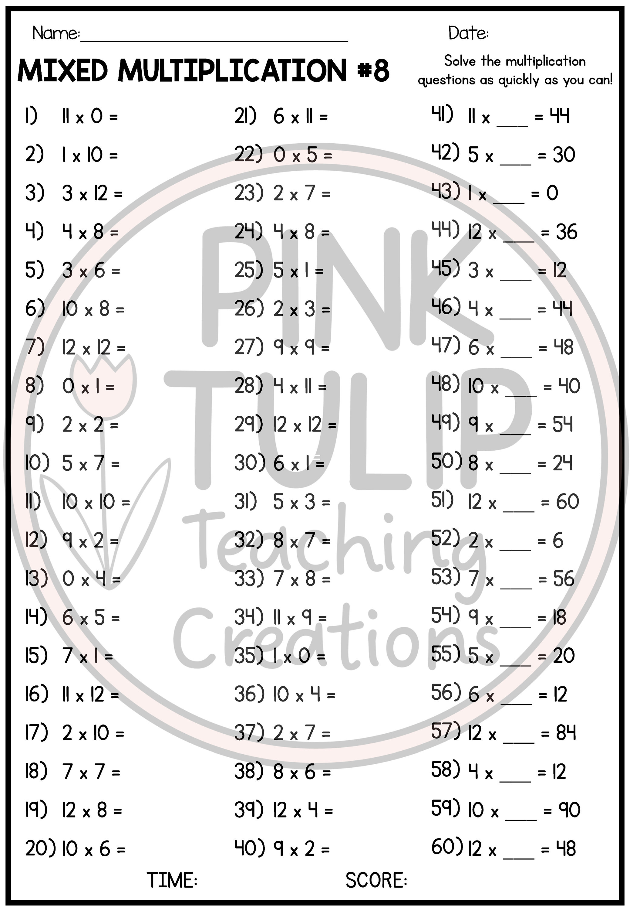 Multiplication Times Table Worksheets - Numeracy Warm Up - Etsy