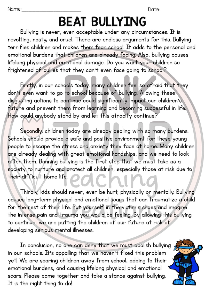 Persuasive Writing Comprehension - Beat Bullying - Etsy