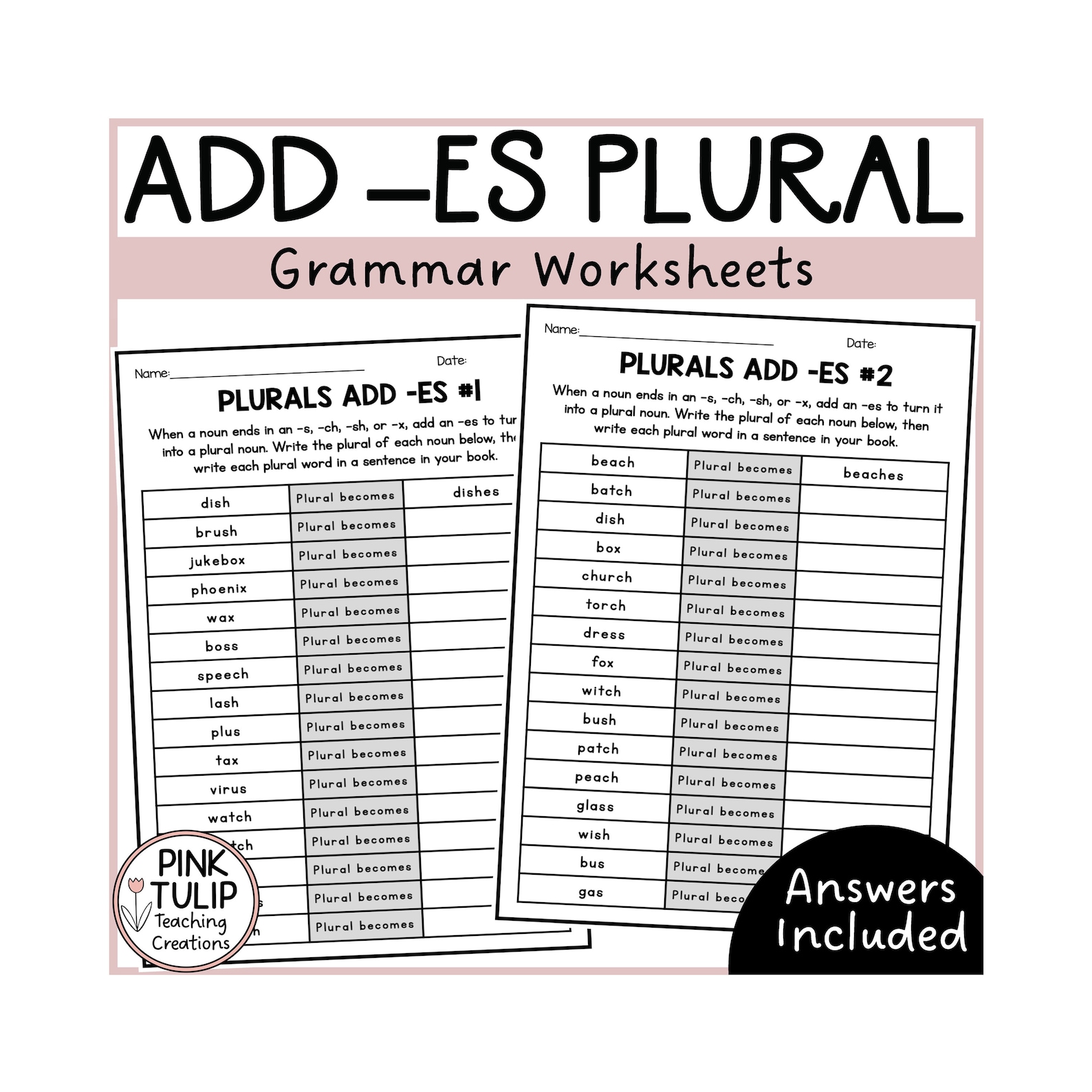 Regular Plurals, Add -ES Grammar Worksheets - Etsy