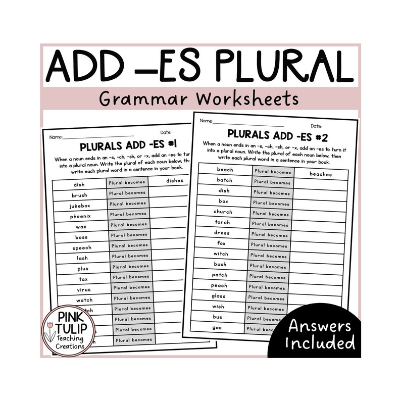 Regular Plurals, Add -ES Grammar Worksheets - Etsy