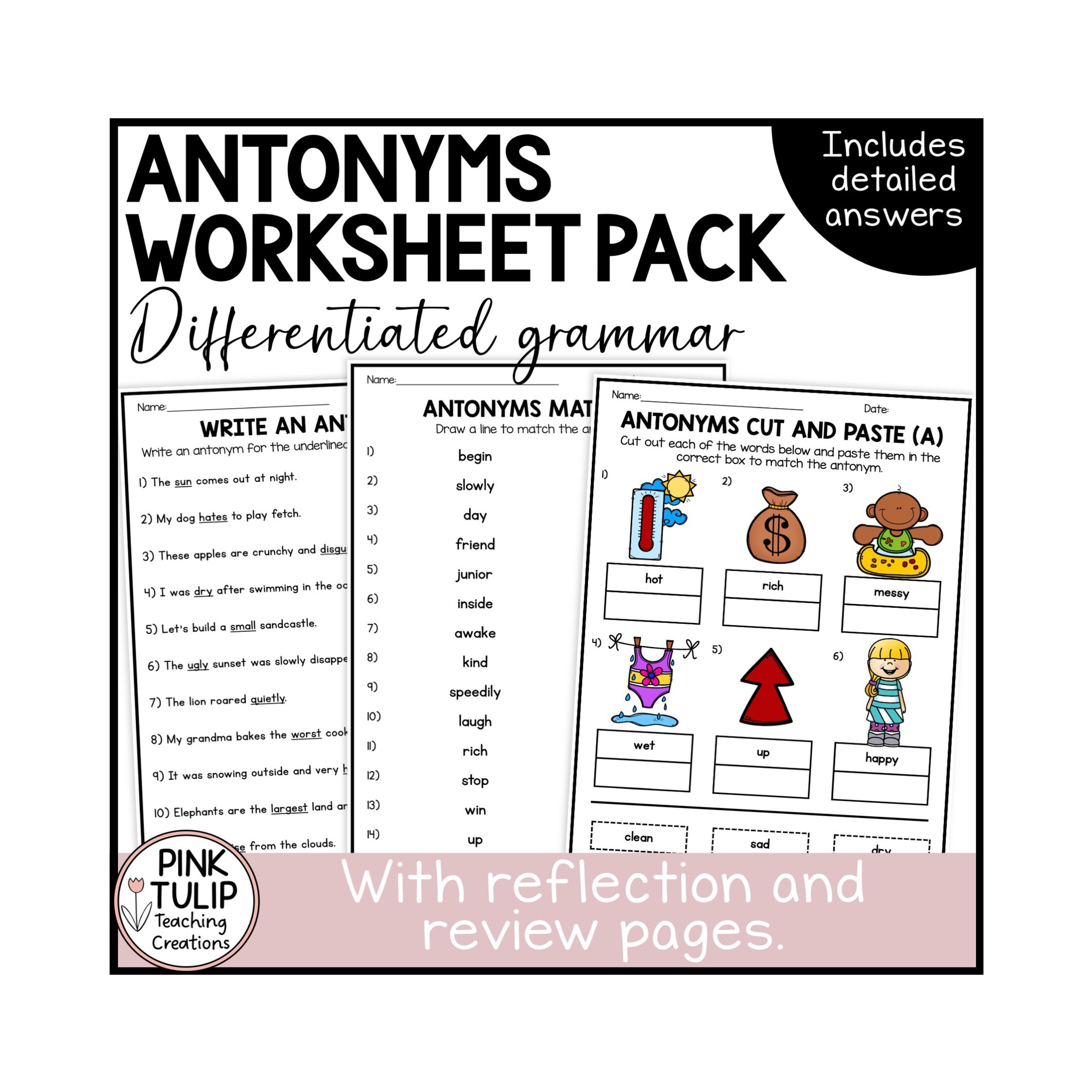 Antonyms Worksheet Pack No Prep Printables With Answers - Etsy