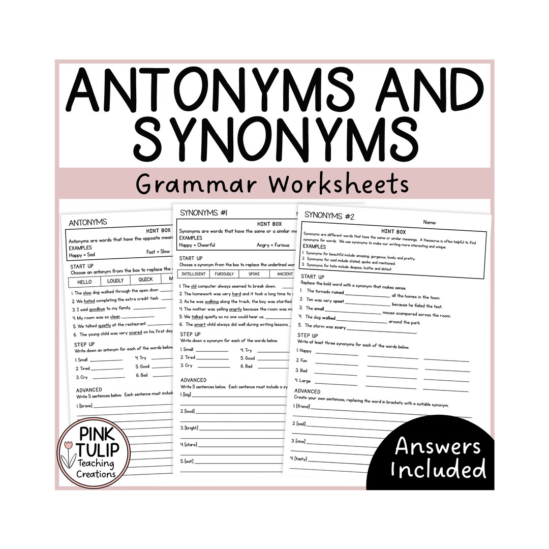 Antonyms and Synonyms - Grammar Worksheets With Answers - Etsy