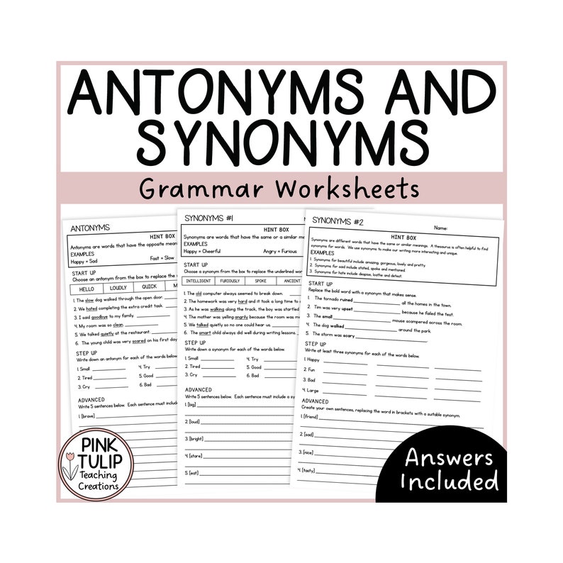 Antonyms and Synonyms - Grammar Worksheets With Answers - Etsy