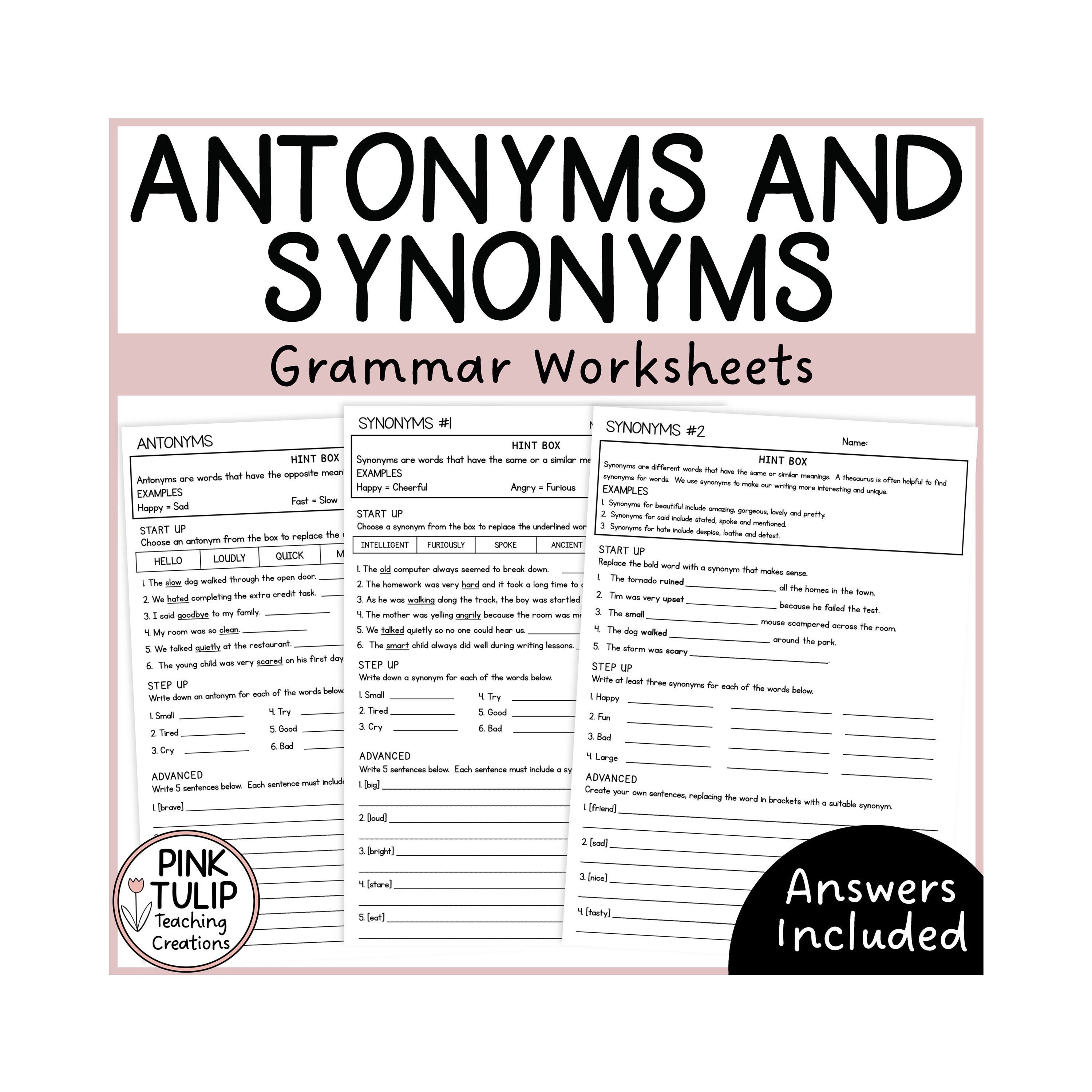 Antonyms and Synonyms - Grammar Worksheets With Answers - Etsy