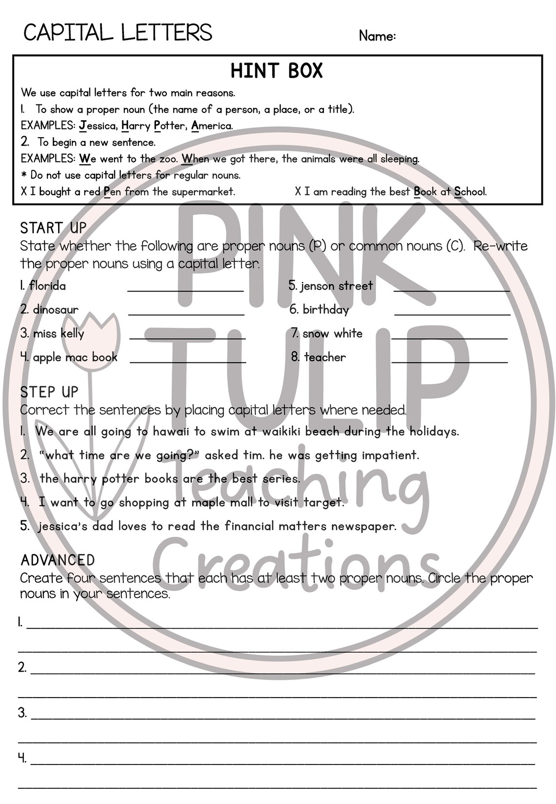 Nouns, Pronouns, and Capital Letters - Grammar Worksheets With Answers ...