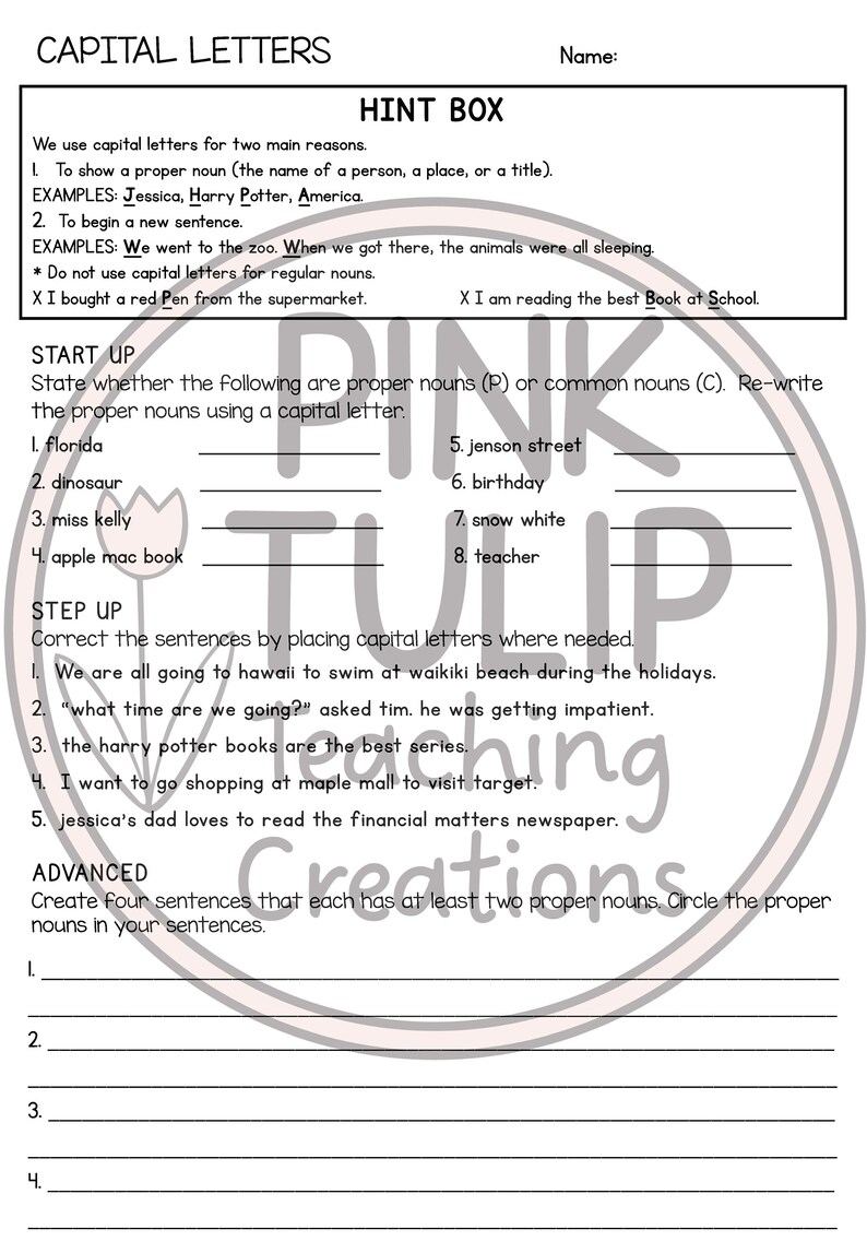 Nouns, Pronouns, and Capital Letters - Grammar Worksheets With Answers ...