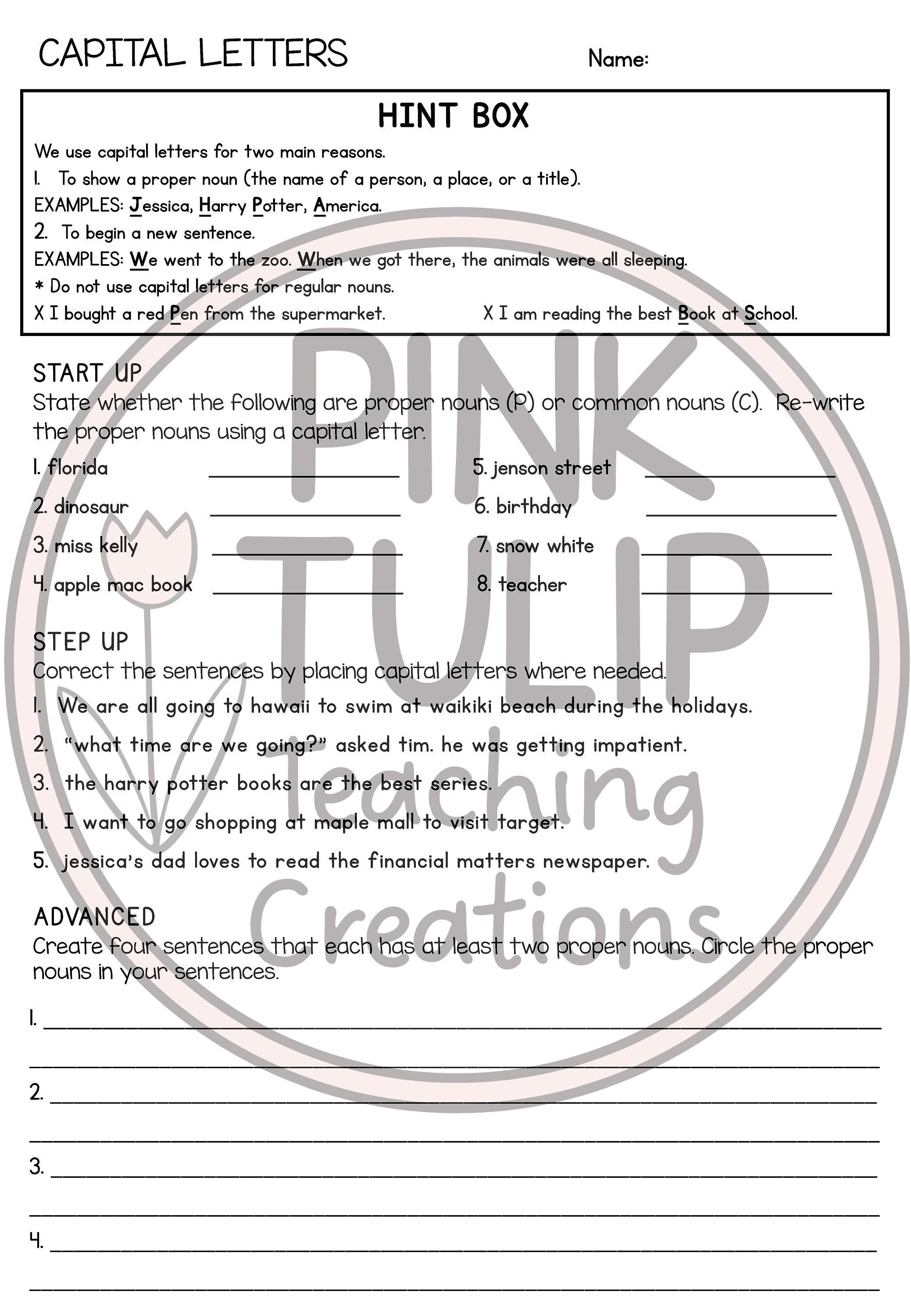 Nouns, Pronouns, and Capital Letters - Grammar Worksheets With Answers ...