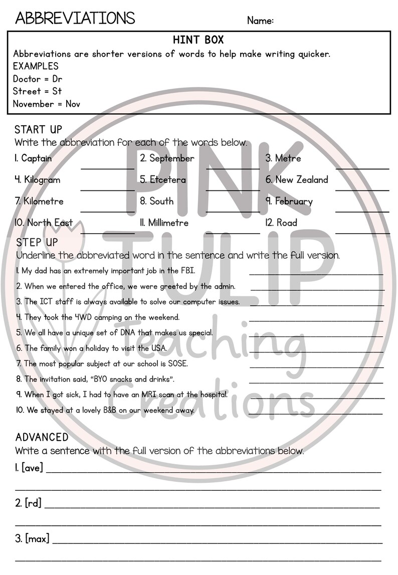 Contractions, Conjunctions, Abbreviations - Grammar Worksheets With ...