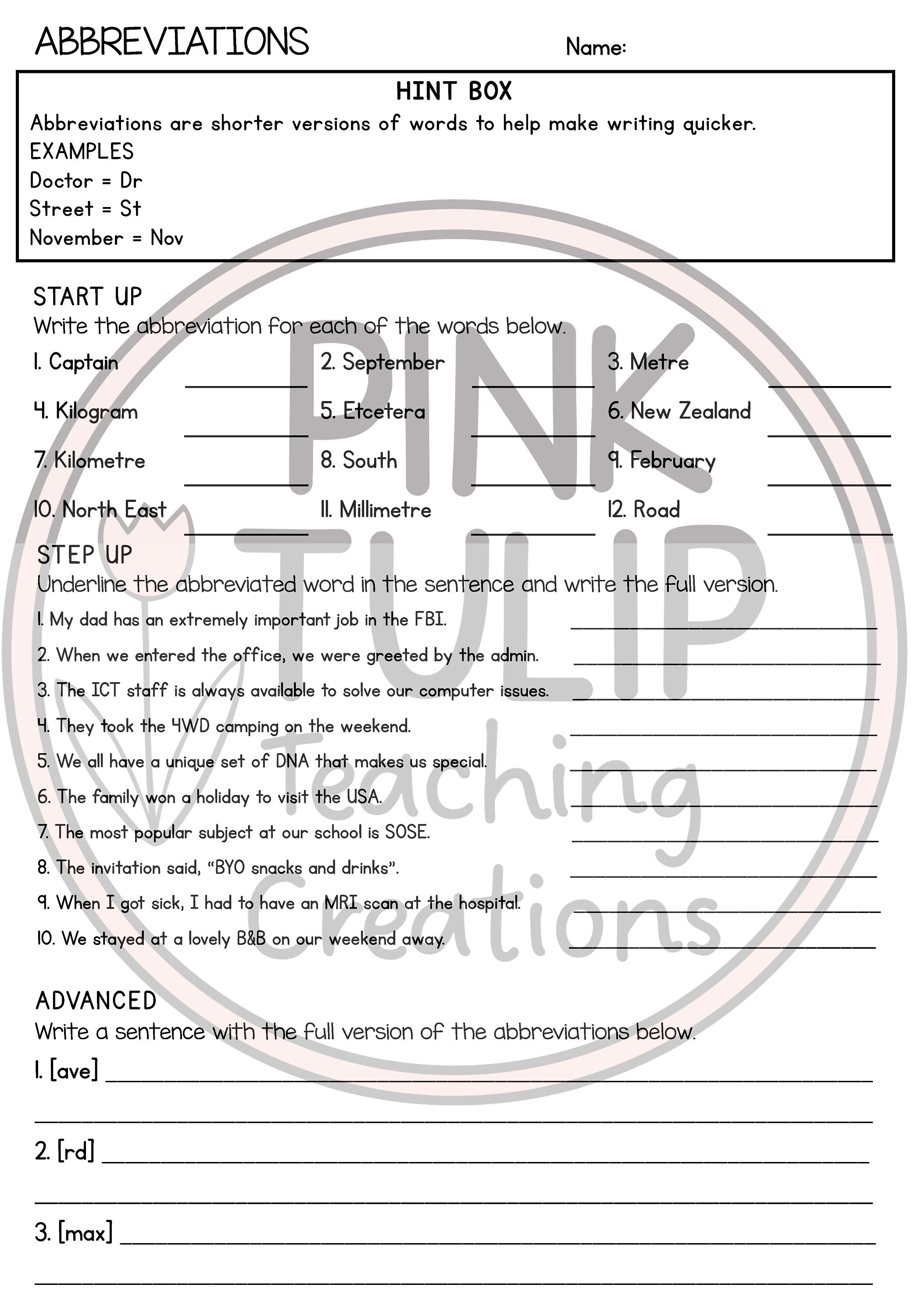 Contractions, Conjunctions, Abbreviations - Grammar Worksheets With ...