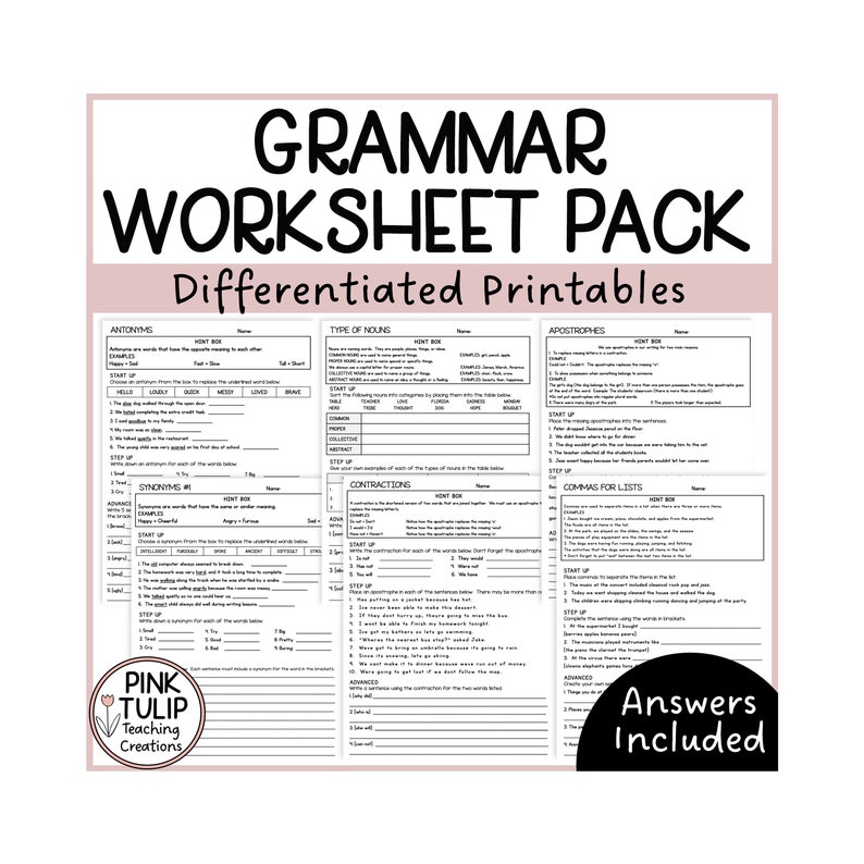 Grammar Worksheet Pack - Etsy