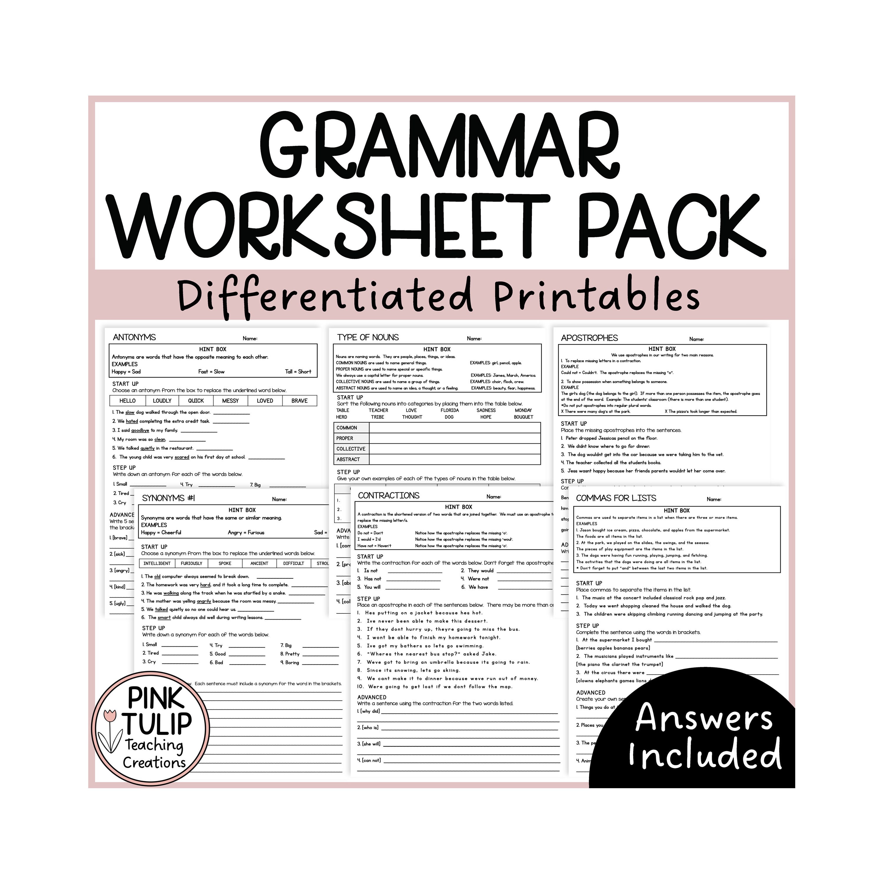 Grammar Worksheet Pack - Etsy