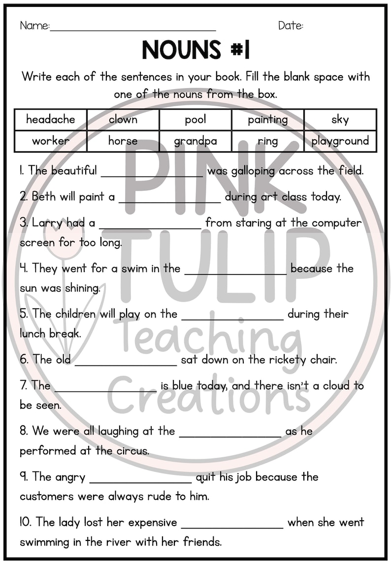 Nouns Grammar Worksheets - Etsy