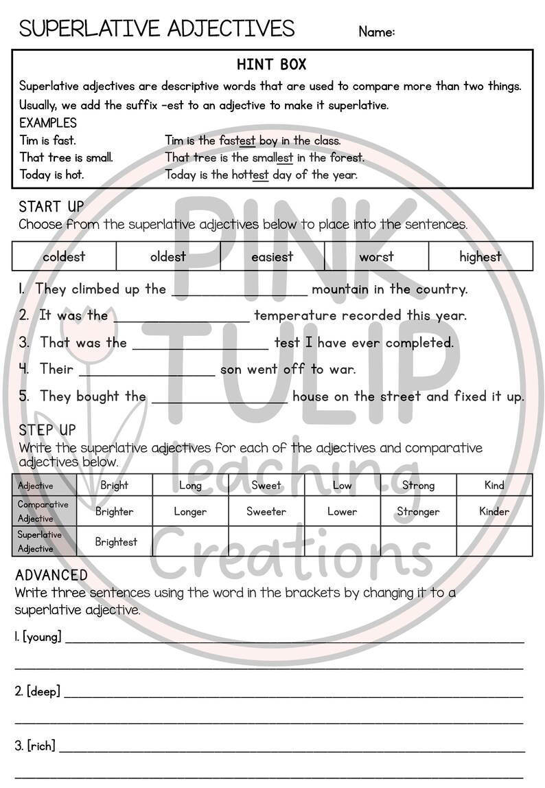 Comparative and Superlative Adjectives - Grammar Worksheets With ...