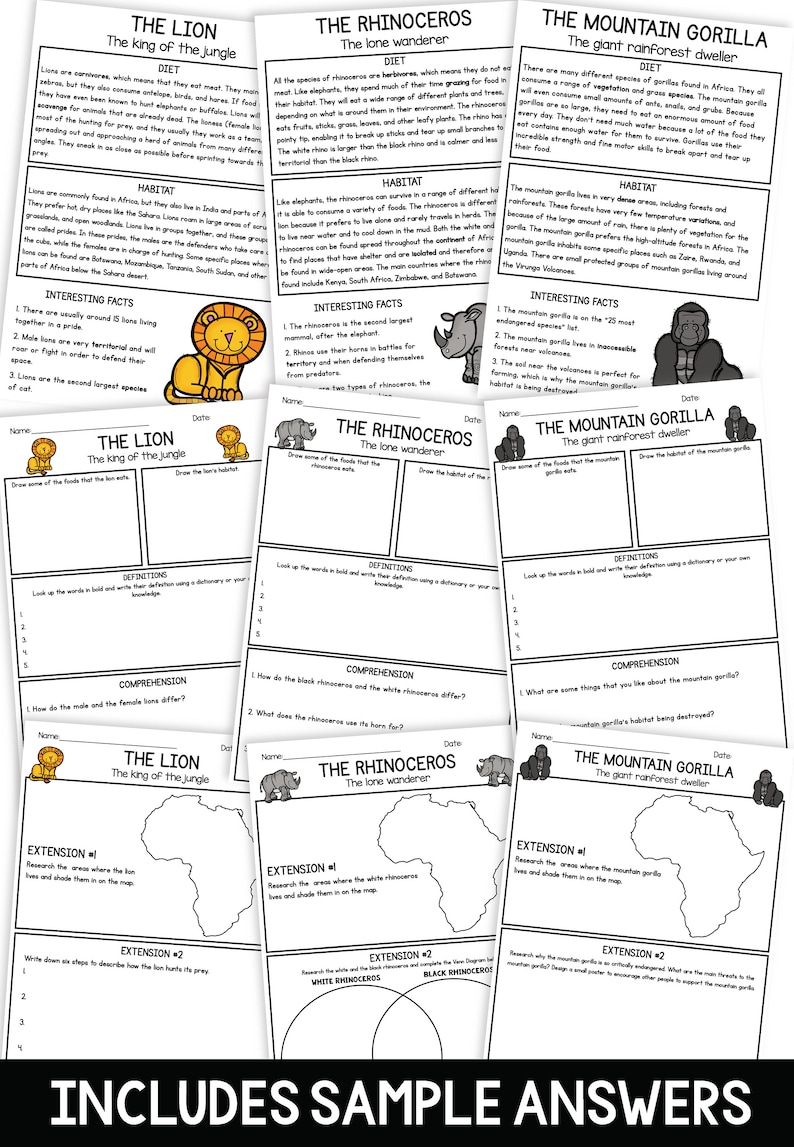 African Animals - Reading Comprehension Pack - Etsy