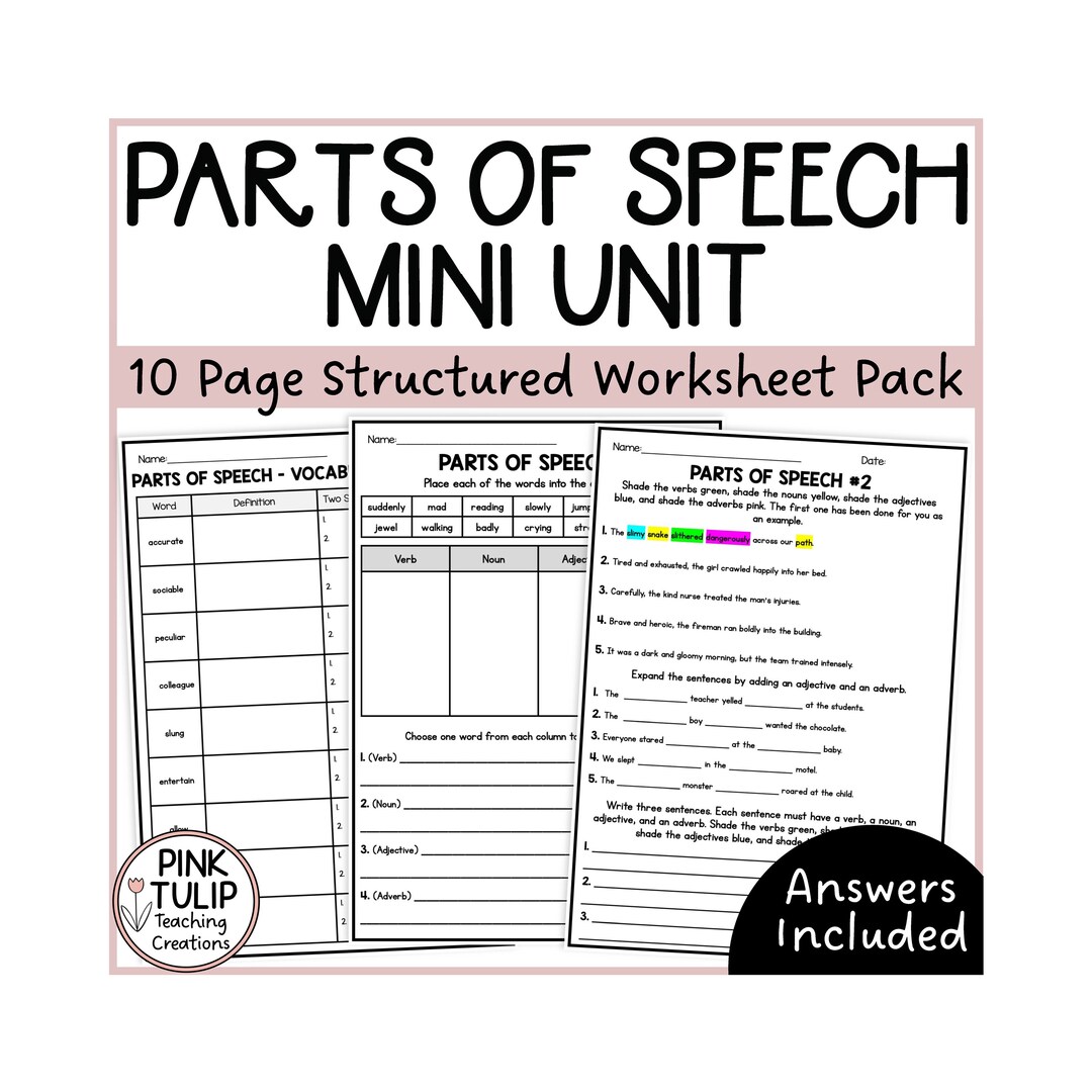 Parts of Speech Mini Unit - Structured Worksheet Pack - Etsy
