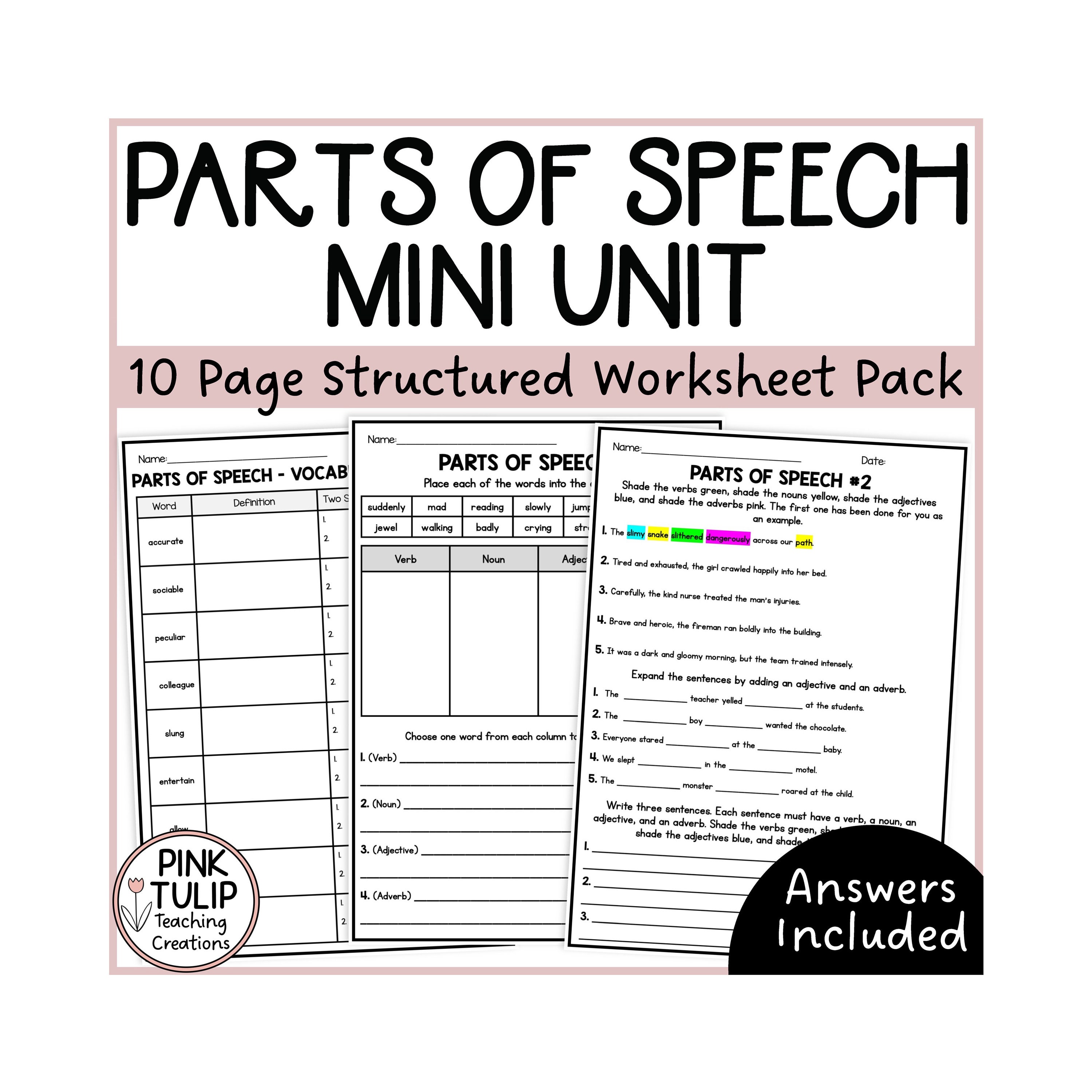 Parts of Speech Mini Unit - Structured Worksheet Pack - Etsy