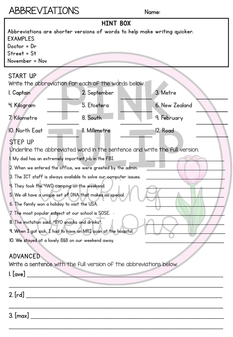 Contractions Conjunctions Abbreviations Grammar Worksheets - Etsy