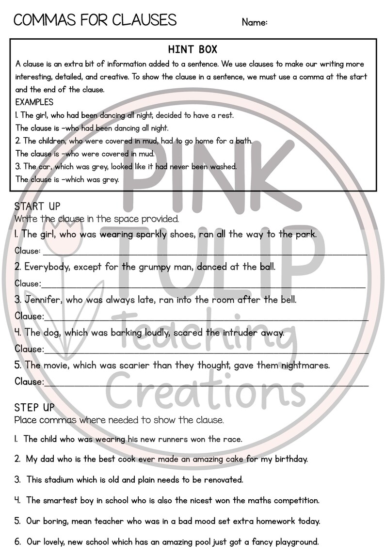 Commas for Clauses, Commas for Lists - Grammar Worksheets With Answers ...