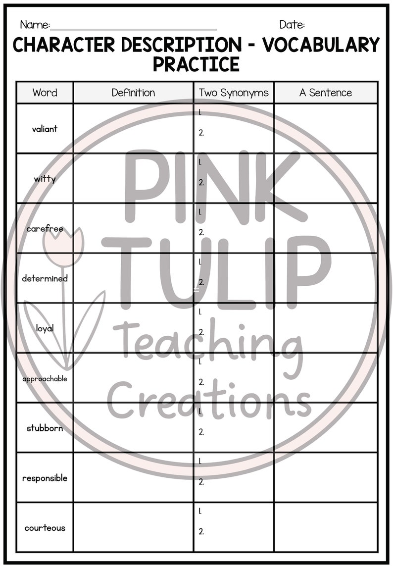 Character Description - Narrative Writing Worksheets - Etsy