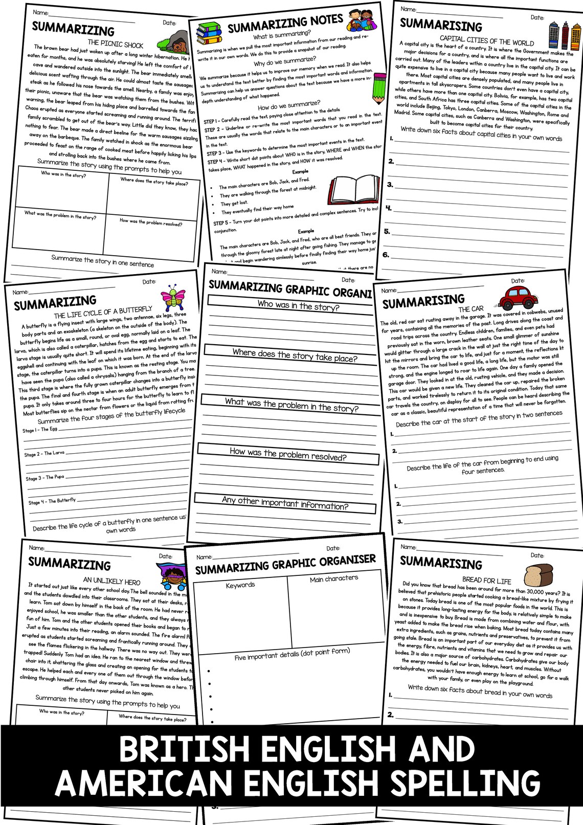 Summarizing (summarising) - Reading Worksheet Pack - Etsy